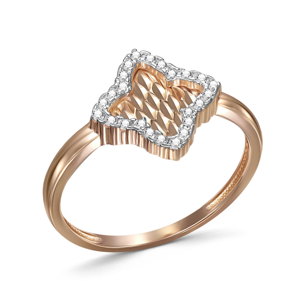 Перстень, красное золото, 585 проба, гравировка, родирование, фианит