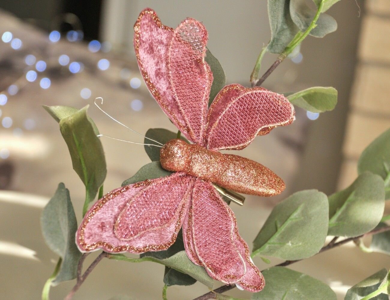 Бабочка на клипсе, розовая, текстиль, бархат, 16 см, Due Esse Christmas