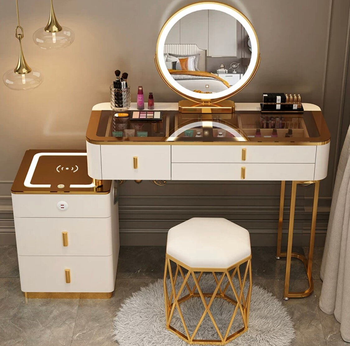 Туалетный столик MoonMalika (Стол 100см белое основание/ коричневое стекло / круглое зеркало/табурет)