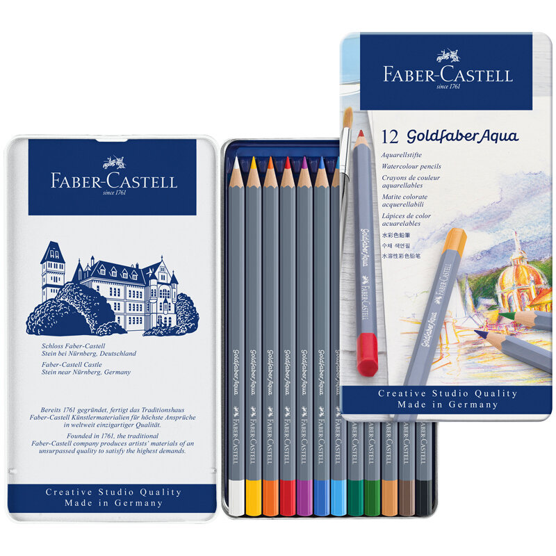 Карандаши Faber-Castell "Goldfaber Aqua" акварельные художественные, набор из 12 цв. в метал. коробке
