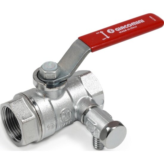 Кран шаровой Giacomini , R250DS, 1 1/2", ВВ, ручка-рычаг красный, хромированный, со сливом