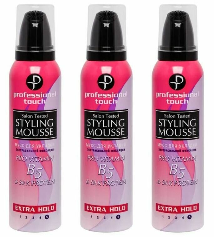 PROFESSIONAL TOUCH Мусс для укладки волос Pro-Vitamin B5& Silk Protein, экстрасильная фиксация, 150 мл, 3 шт