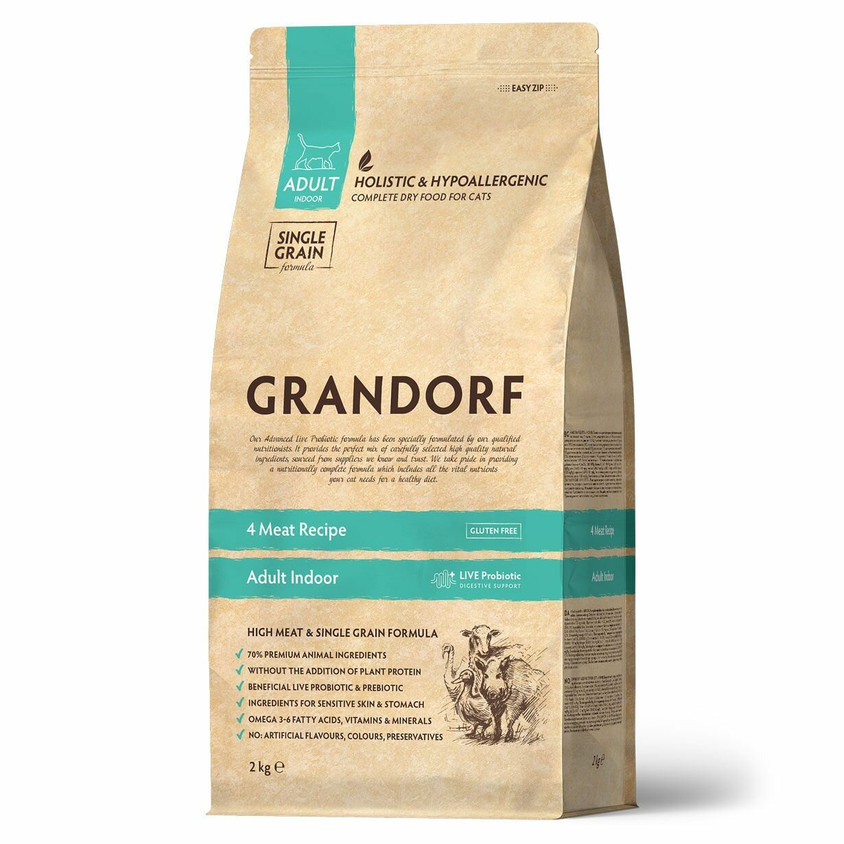 Сухой корм GRANDORF CAT 4 Meat PROBIOTIC INDOOR (4 мяса с пробиотиками для кошек) 2 кг.