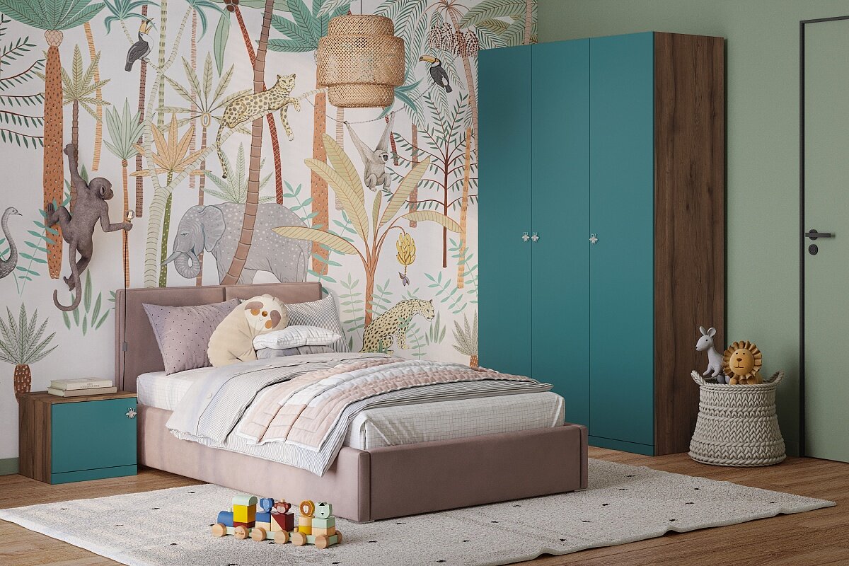 Детская стенка МебельЛэнд24 Скарабей - 1 МДФ Аквамарин 180x52x210 синий со шкафом с тумбой