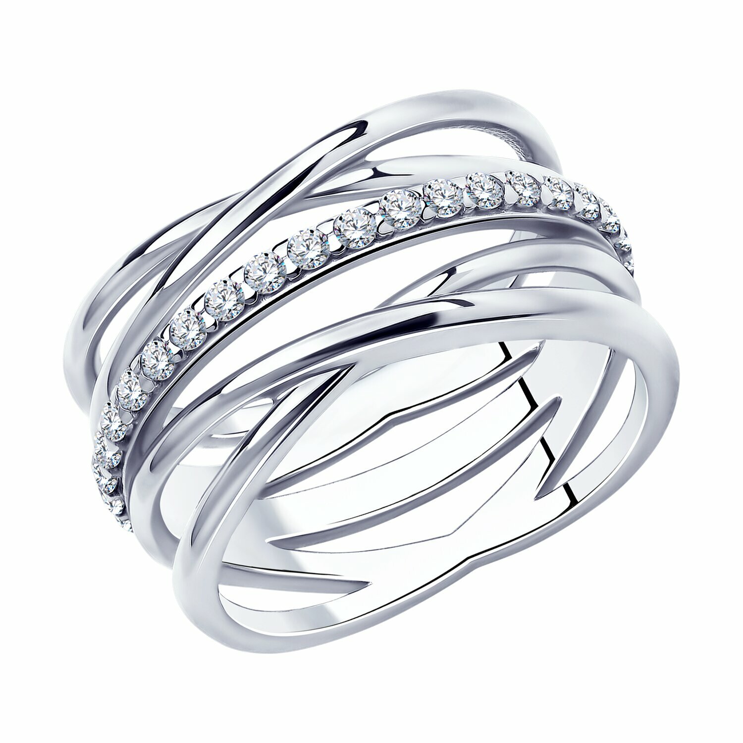 Кольцо широкое, серебро, 925 проба, родирование, фианит