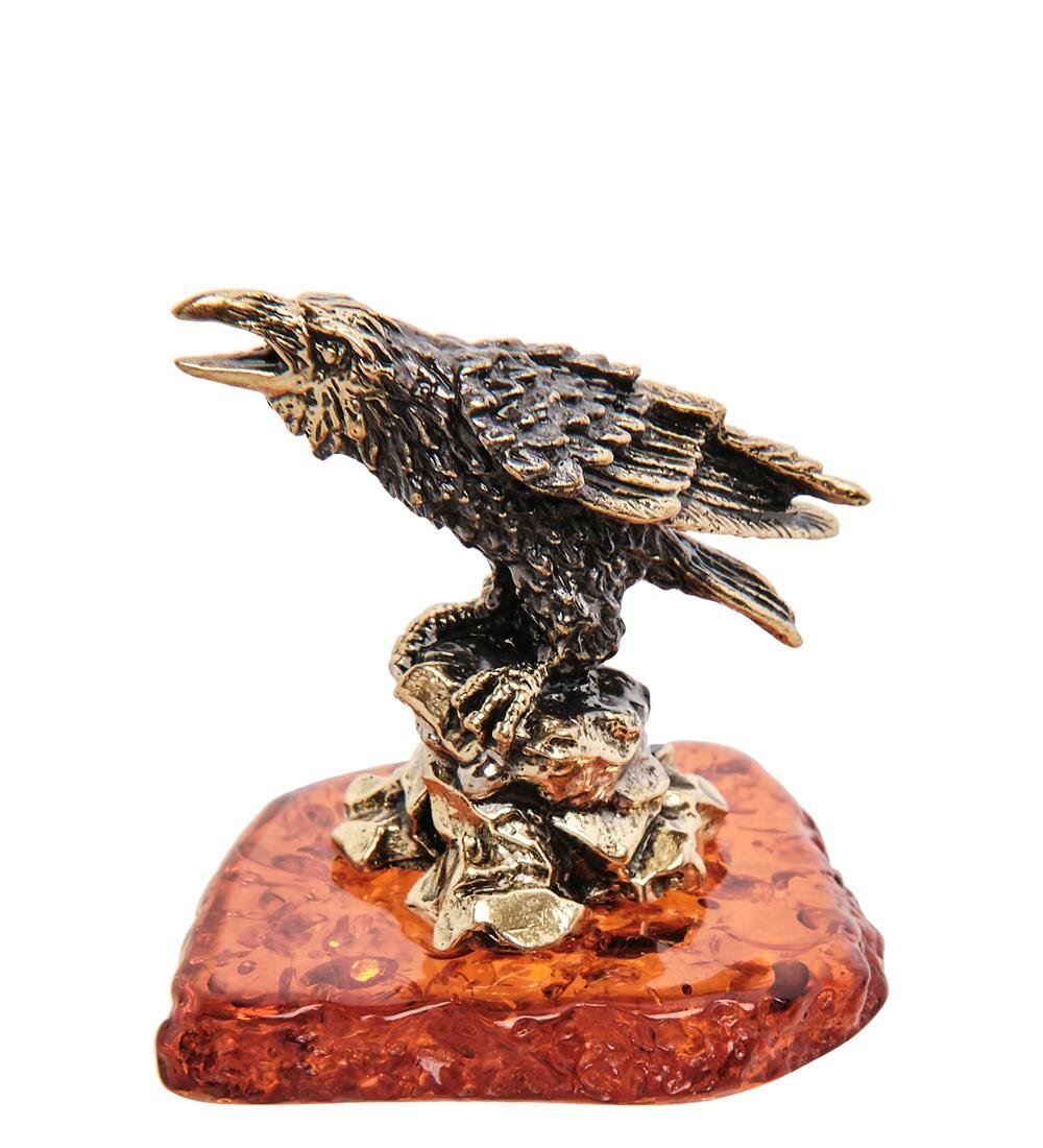 Фигурка Ворон на камне (латунь, янтарь) A2163888 Народные промыслы, бронзовый