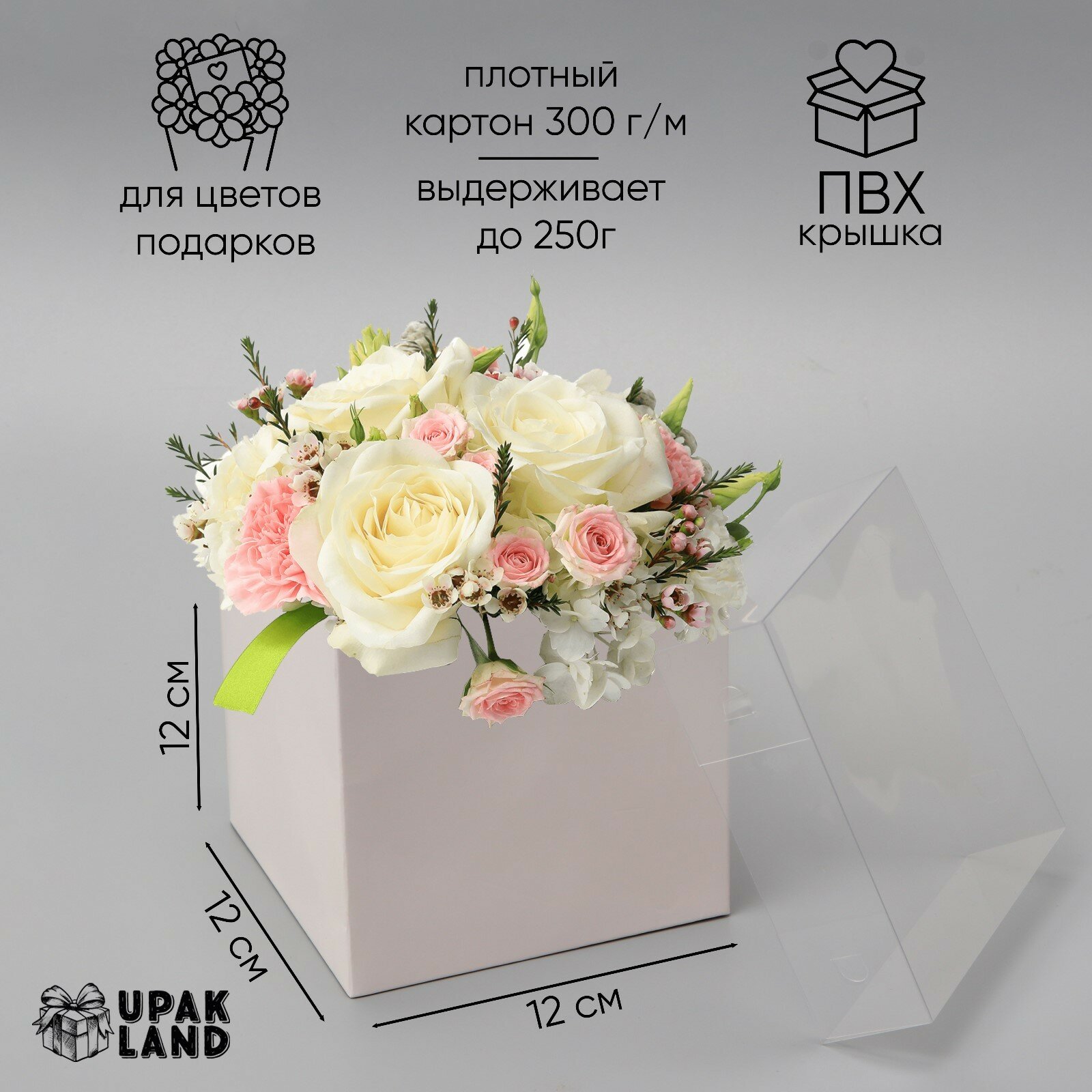Коробка для цветов с PVC крышкой, 12×12×12 см, белая