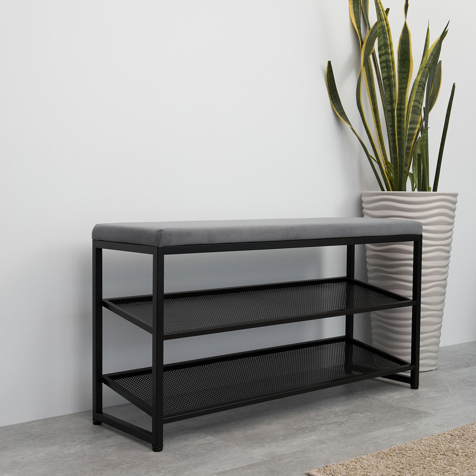 Обувница с мягким сиденьем "Дия" / 100х30х52см / черный каркас - темно-серый велюр
