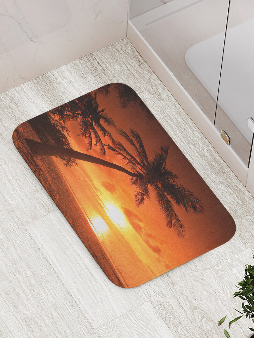 Коврик для ванной комнаты, туалета "Силуэт пальмы на закате" противоскользящий, 52х77 см, JoyArty