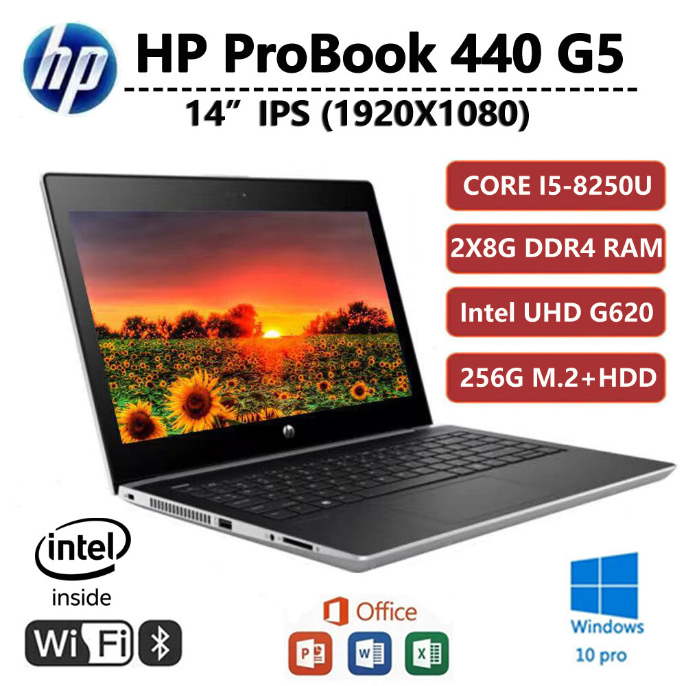 Подержанный ноутбук 14 inches HP Probook 440 G5 ( CORE I5-8250U+2X8GB DDR4 2400 RAM+256G M.2 NVME SSD+500G HDD+Intel UHD 620 Видеокарта+1920X1080 IPS 4K) Win 10 pro
