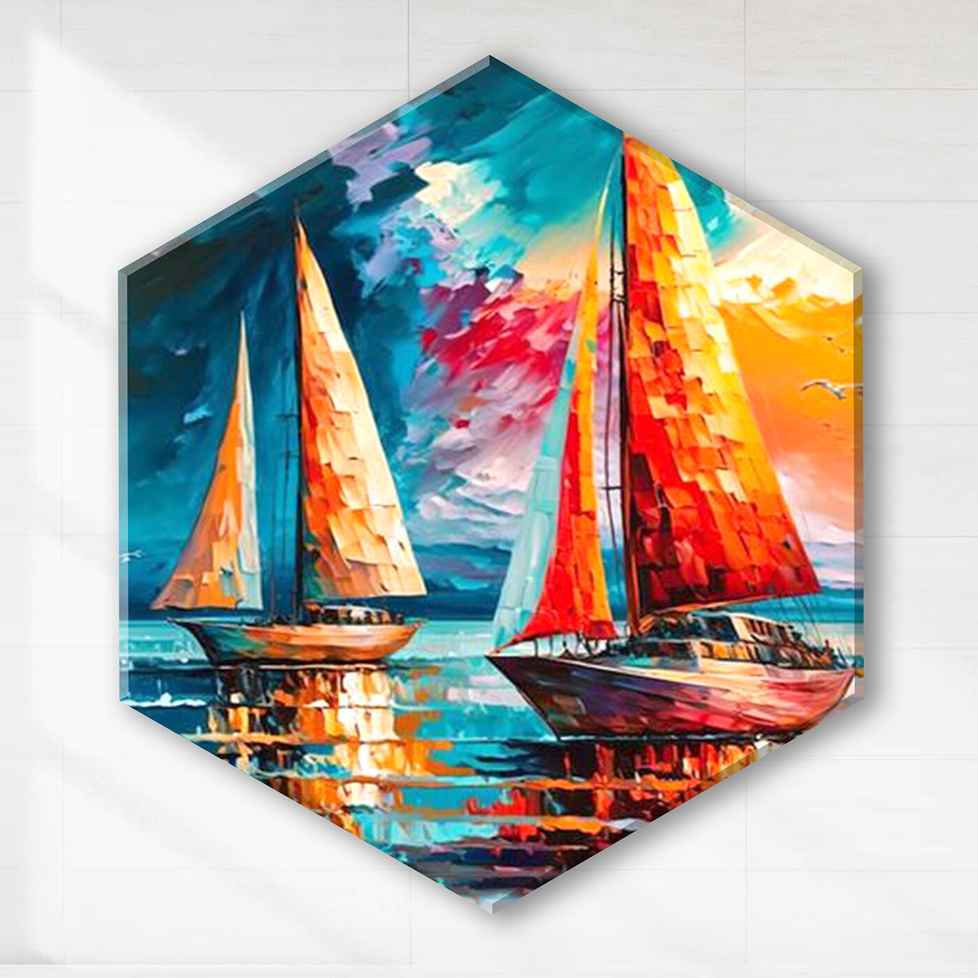 Картина по номерам 32х37см с поталью гексагон Парусники на закате Флюид VHR0003