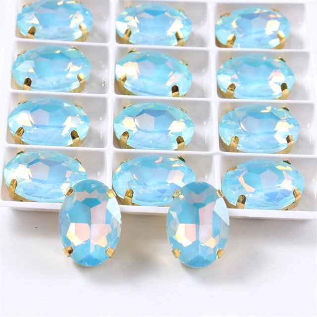 Стразы овальные стекло Aquamarine AB, 10x14mm, 20шт