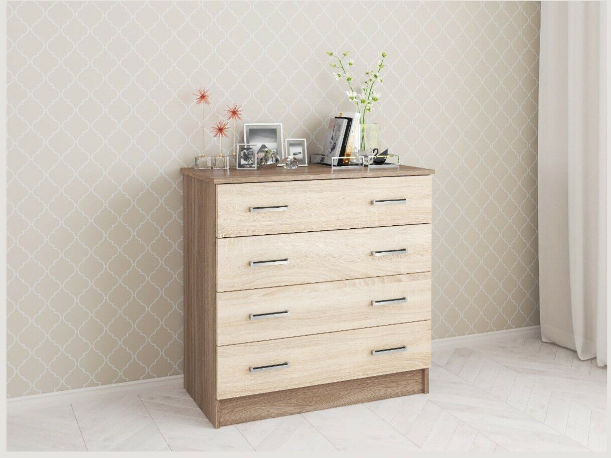 Комод с 4 выдвижными ящиками, ЛДСП, 820х435х810, ясень шимо/дуб сонома