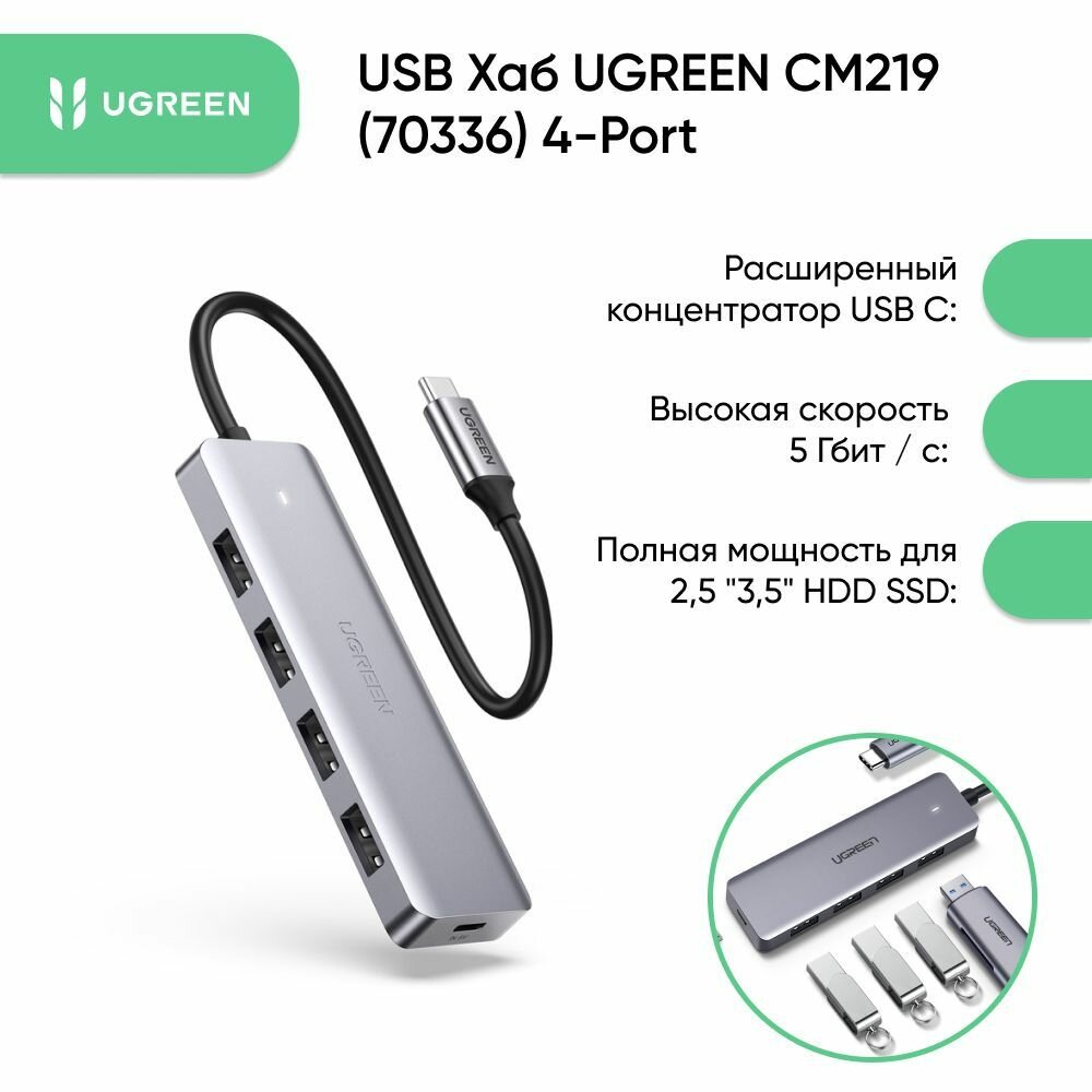 USB Хаб UGREEN CM219 (70336) 4-Port USB 3.0 Hub with USB-C Power Supply. Цвет: серый