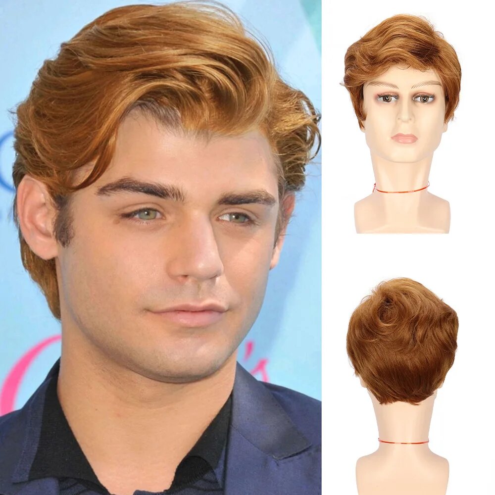 Синтетический мужской парик, вьющиеся короткие золотисто-желтые волосы, парики с челкой для мужчин, для повседневной носки, костюма, карнавальный натуральный парик