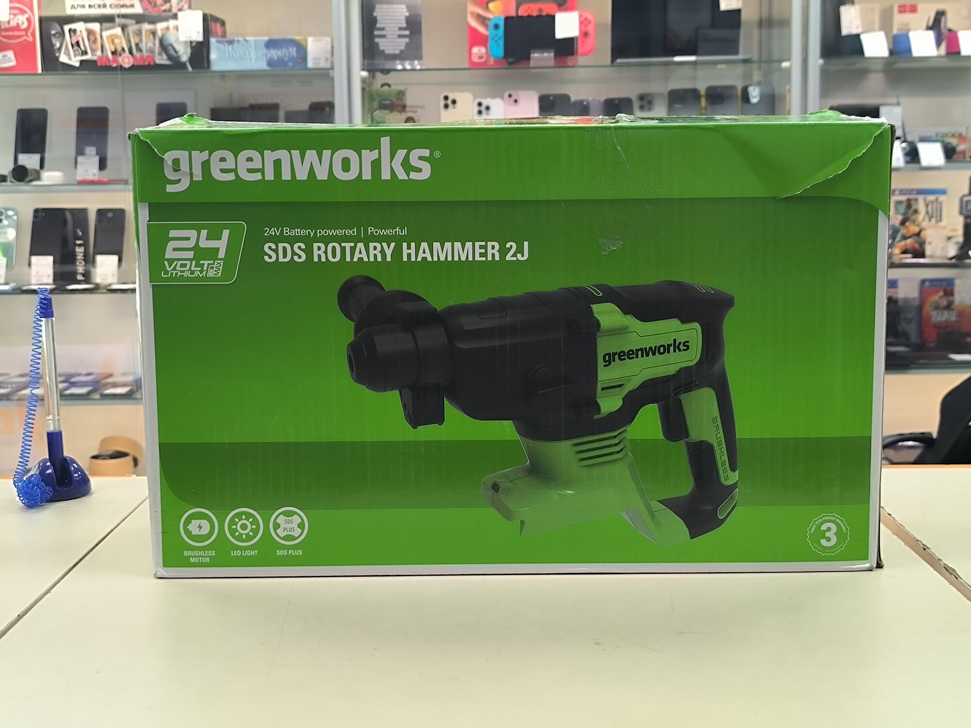 Перфоратор аккумуляторный бесщеточный Greenworks GD24SDS2K4 с АКБ 4Ач и ЗУ . Б/У Уценка