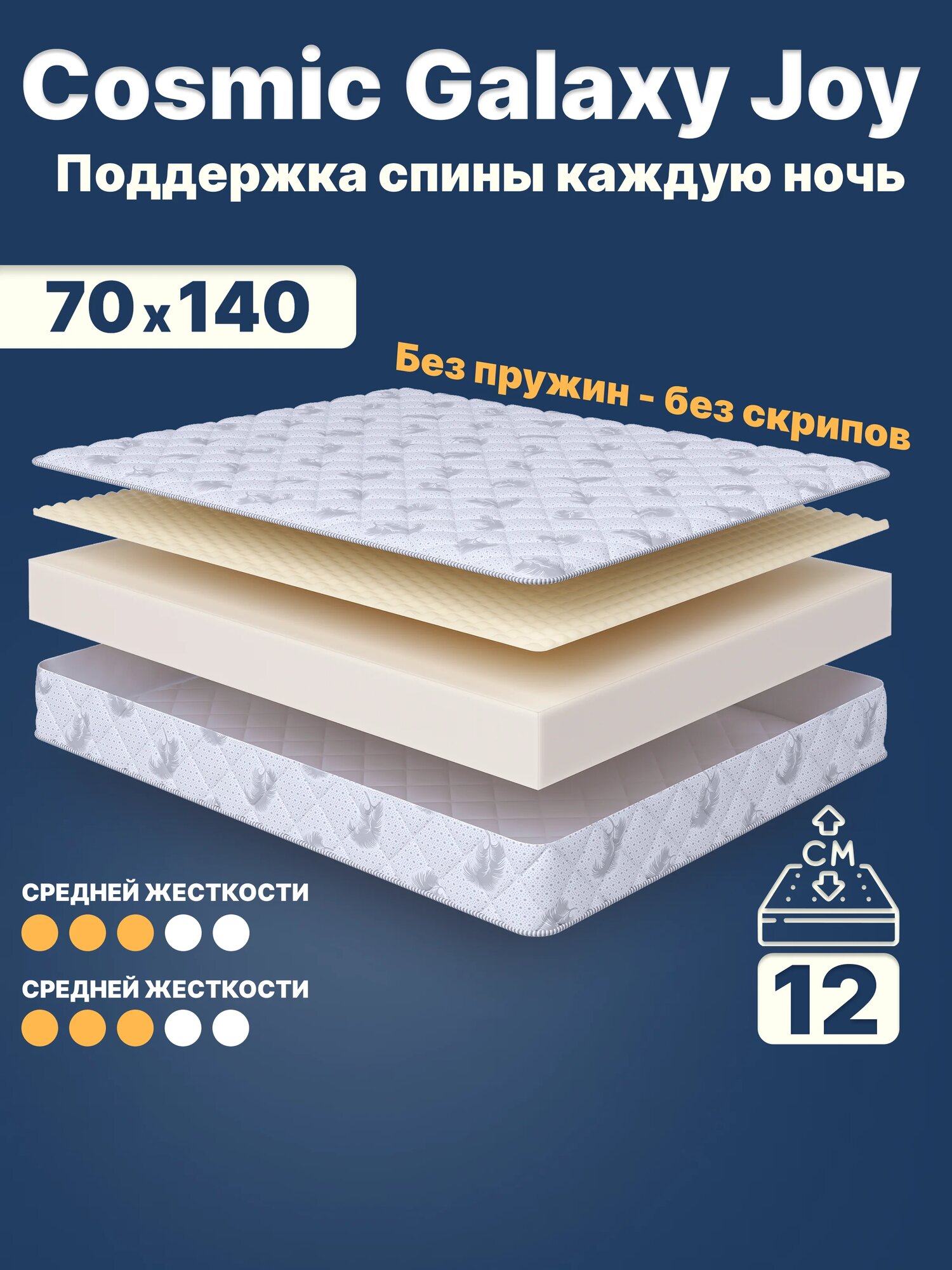 Матрас 70х140 беспружинный детский анатомический в кроватку, Cosmic Galaxy Joy, средне-жесткий 12 см