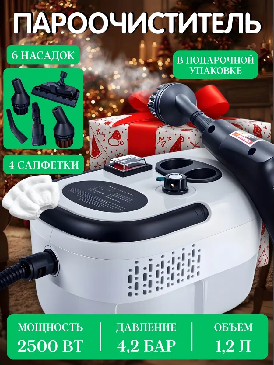 Пароочиститель мощный и универсальный для дома, 6 насадок, белый