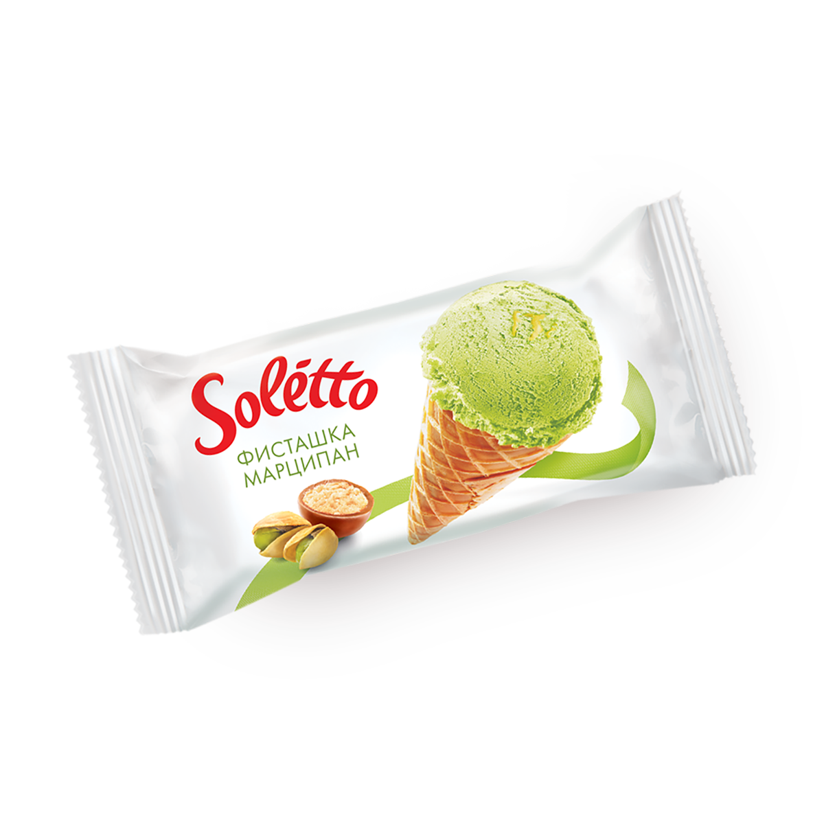 Мороженое Soletto "Фисташка-Марципан", в рожке, пакет флоу-пак, 75 гр, 1 шт.