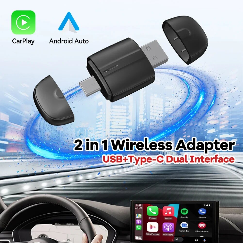 Беспроводной адаптер CarPlay Android Auto 5 ГГц Wi-Fi Type-C/USB Plug and Play 2ln1 Dongle для Audi Benz Volvo VW Toyota Skoda Seat