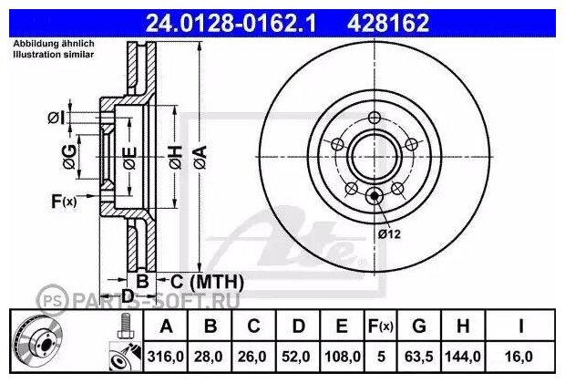 Диск тормозной передн, FORD: GALAXY 2.0 EcoBoost/2.2 TDCi 06-, S-MAX 2.0 EcoBoost/2.2 TDCi/2.5 ST 06- \ LAND ROVER: FREELANDER 2 3.2 4x4 06- \ VOLVO: S60 II 2.0 T/ ATE 24.0128-0162.1 | цена за 1 шт