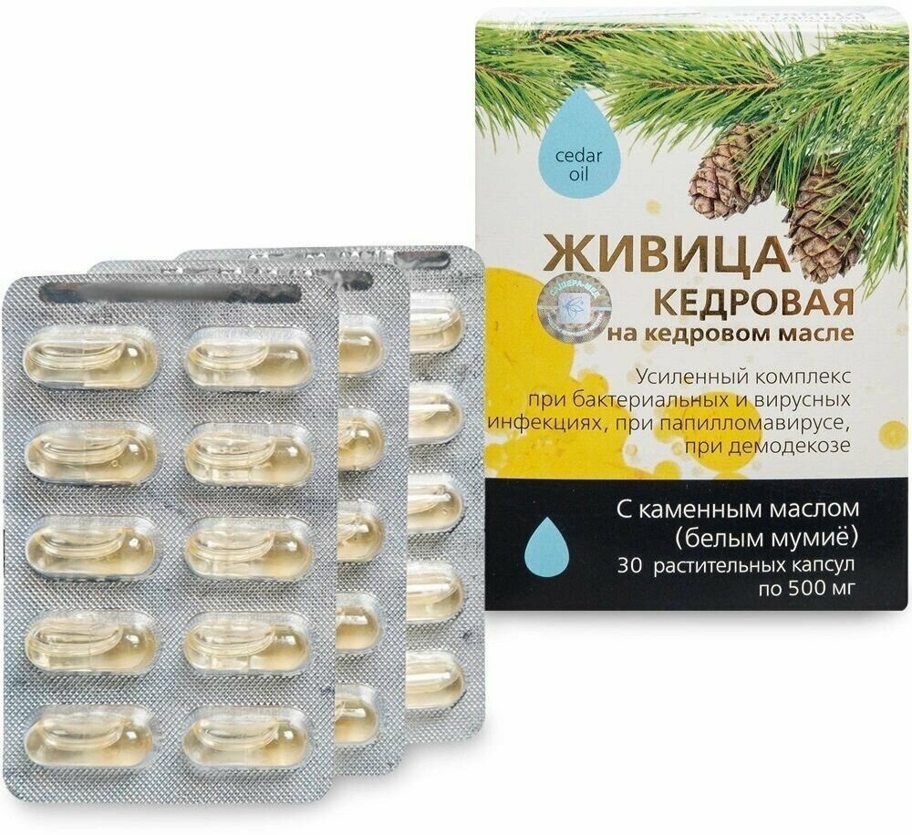 Живица кедровая на кедровом масле с каменным маслом при бактериальных и вирусных инфекциях, капсулы 30 шт.