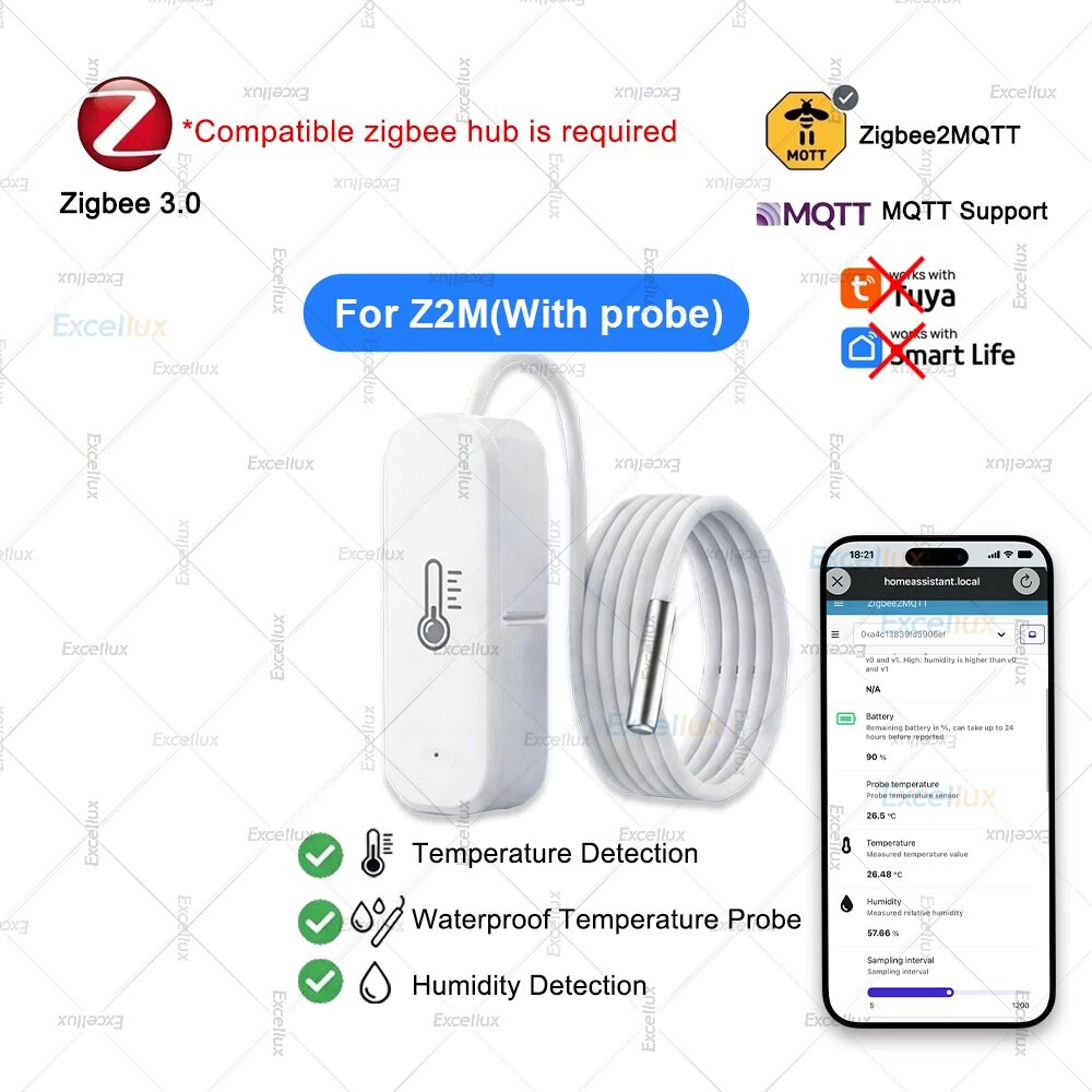 Датчик Температуры И Влажности Zigbee 3.0 С Внешним Температурным Датчиком Для Аквариумов И Холодильников