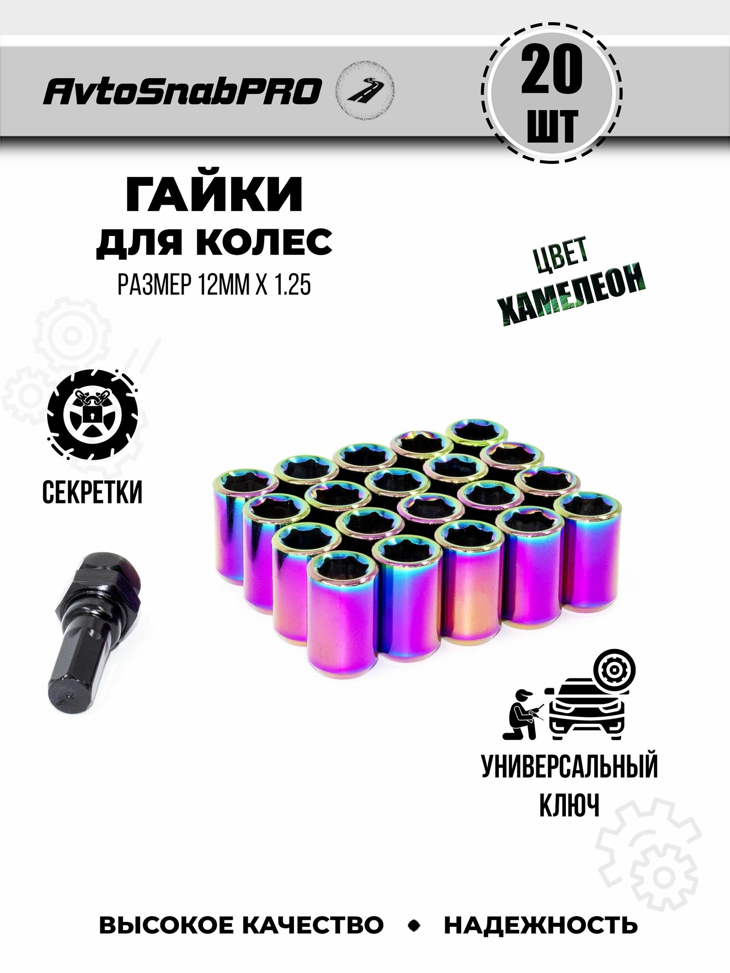 Гайки Secret Wheels, для автомобильных колес, резьба M12x1.25, внутренний шестигранник, 20шт