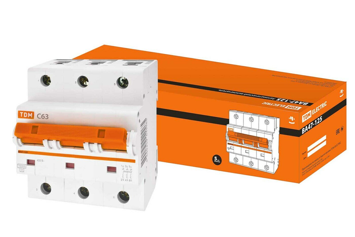 Автоматический выключатель ВА47-125 3Р 63А 15 кА тип С TDM Electric