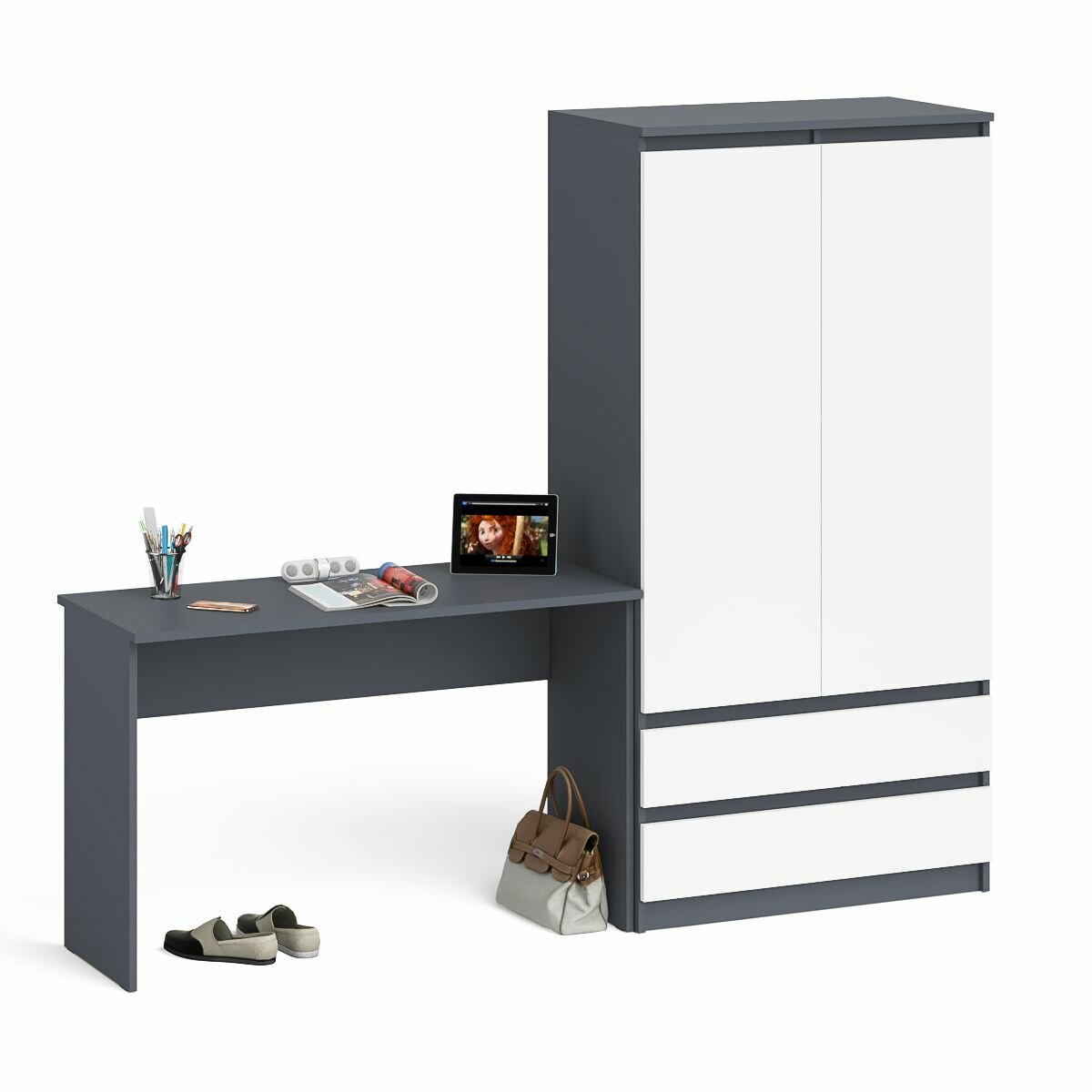 Шкаф с ящиками и дверками СВК Мори 900.1 с письменным столом цвет графит/белый, 210,8х50,4х179,6 см.