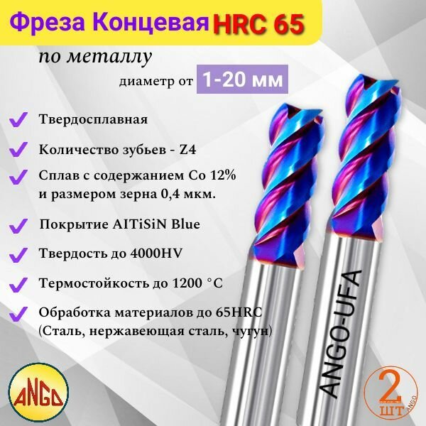 Фреза Концевая / Набор 2 шт/ 3х8х4х50 мм Z4 по металлу твердосплавная HRC65 AlTiSiN Blue