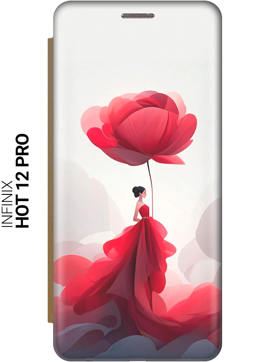 Чехол-книжка на Infinix Hot 12 Pro / Инфиникс Хот 12 Про с рисунком "Цветочная девушка в красном" золотой