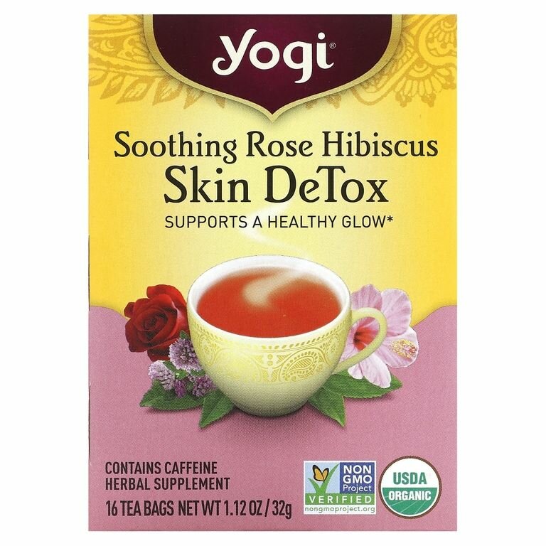 Yogi Tea, Skin DeTox, детокс кожи, чай с розой и гибискусом, 16 чайных пакетиков