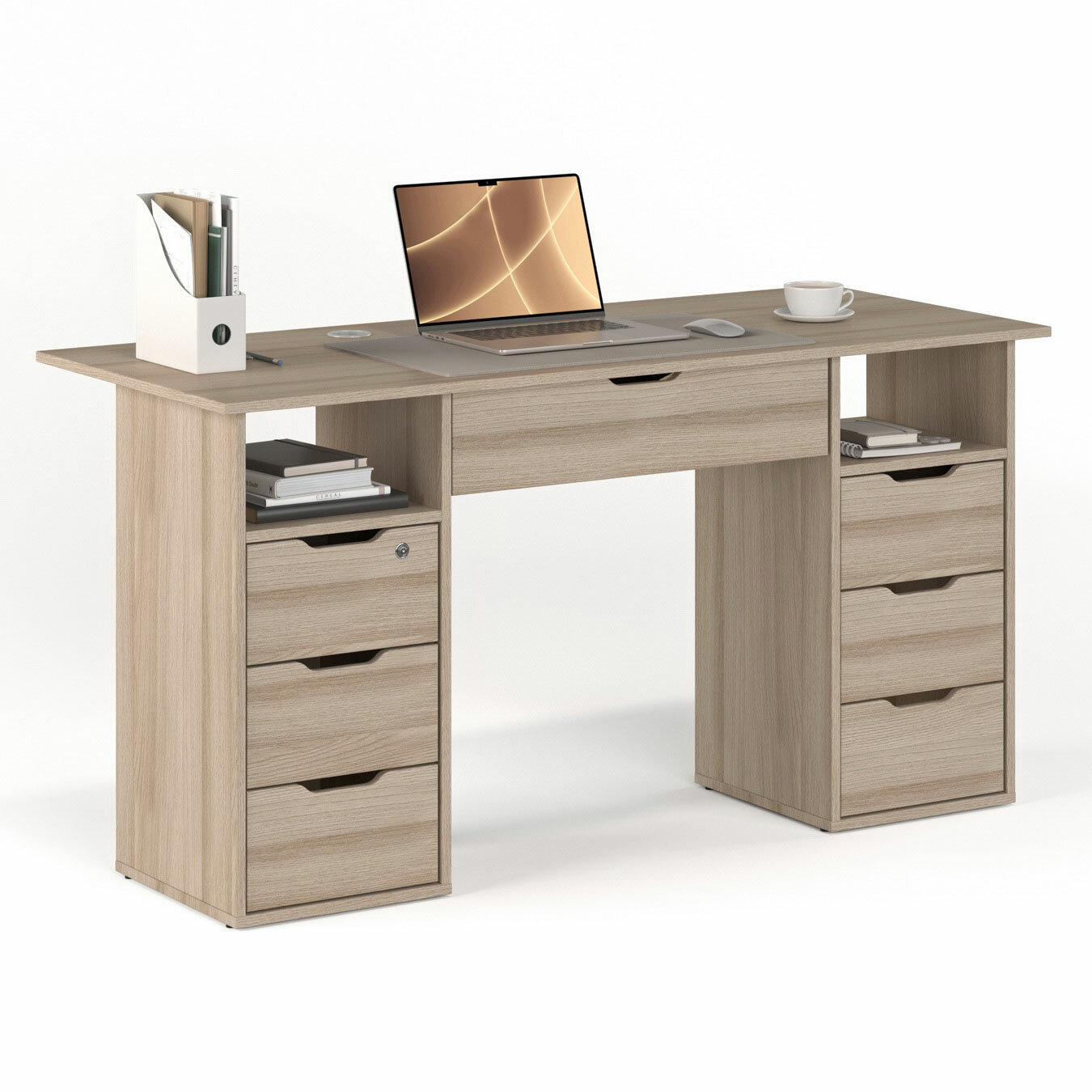 Двухтумбовый письменный стол с 6 узкими и 1 широким ящиком 146х60 см МагМебель №73Я ясень шимо светлый