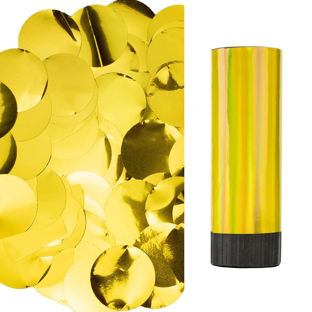 Хлопушка пружинная (4/10 см), Круги фольга, Золото, Лазерная голография, 1 шт.