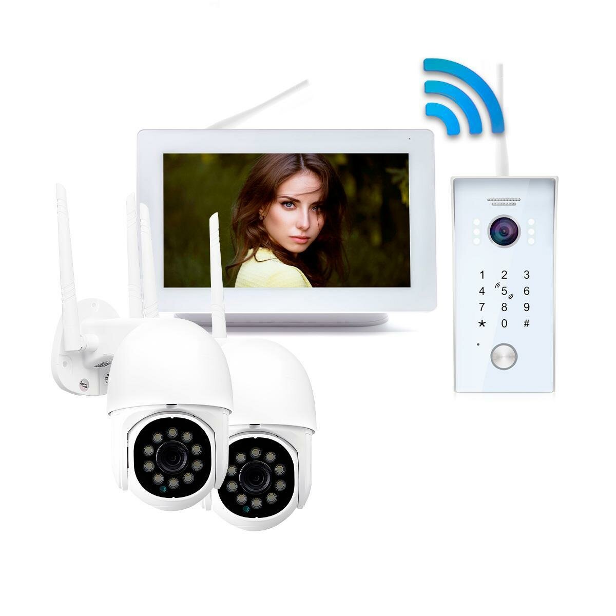 Беспроводной домофон TUYA + ДВЕ уличные 5mp поворотные Wi-Fi IP камеры наблюдения Sky Net 700-Tuya (1+2)-SDcard (N52863KO) и радиоканальная вызывная