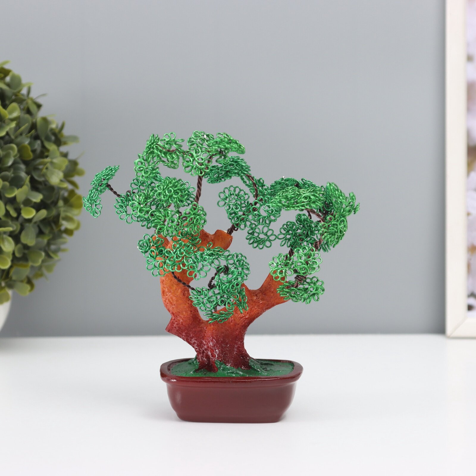 Бонсай декоративный «Дерево счастливой жизни», полистоун, металл, зелёное, 8×17×16 см