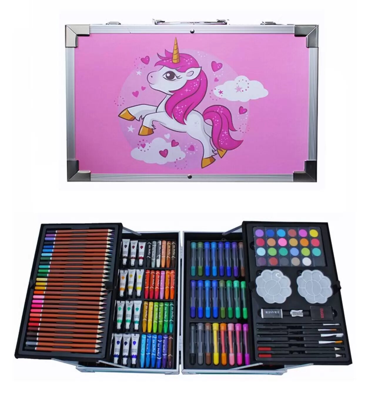 Набор Юного художника для детского творчества из 145 предметов в кейсе розовый