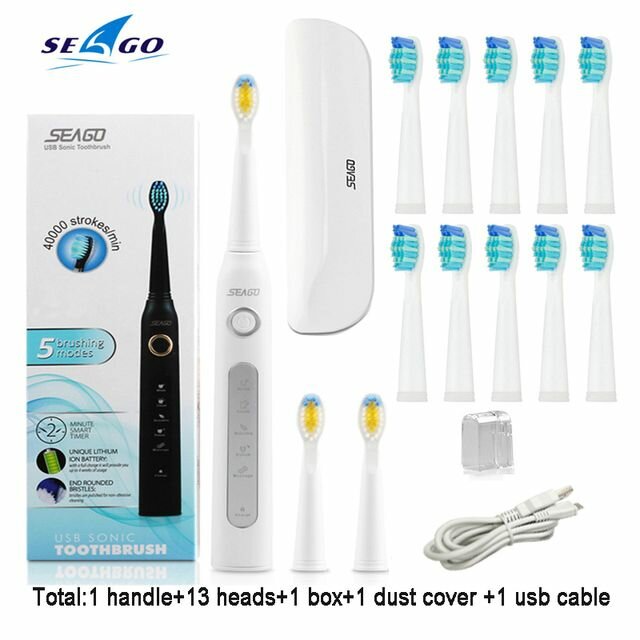 Электрическая зубная щетка Seago 507, 5 режимов чистки, зарядка от USB, дорожный футляр и 13 дополнительных насадок.
