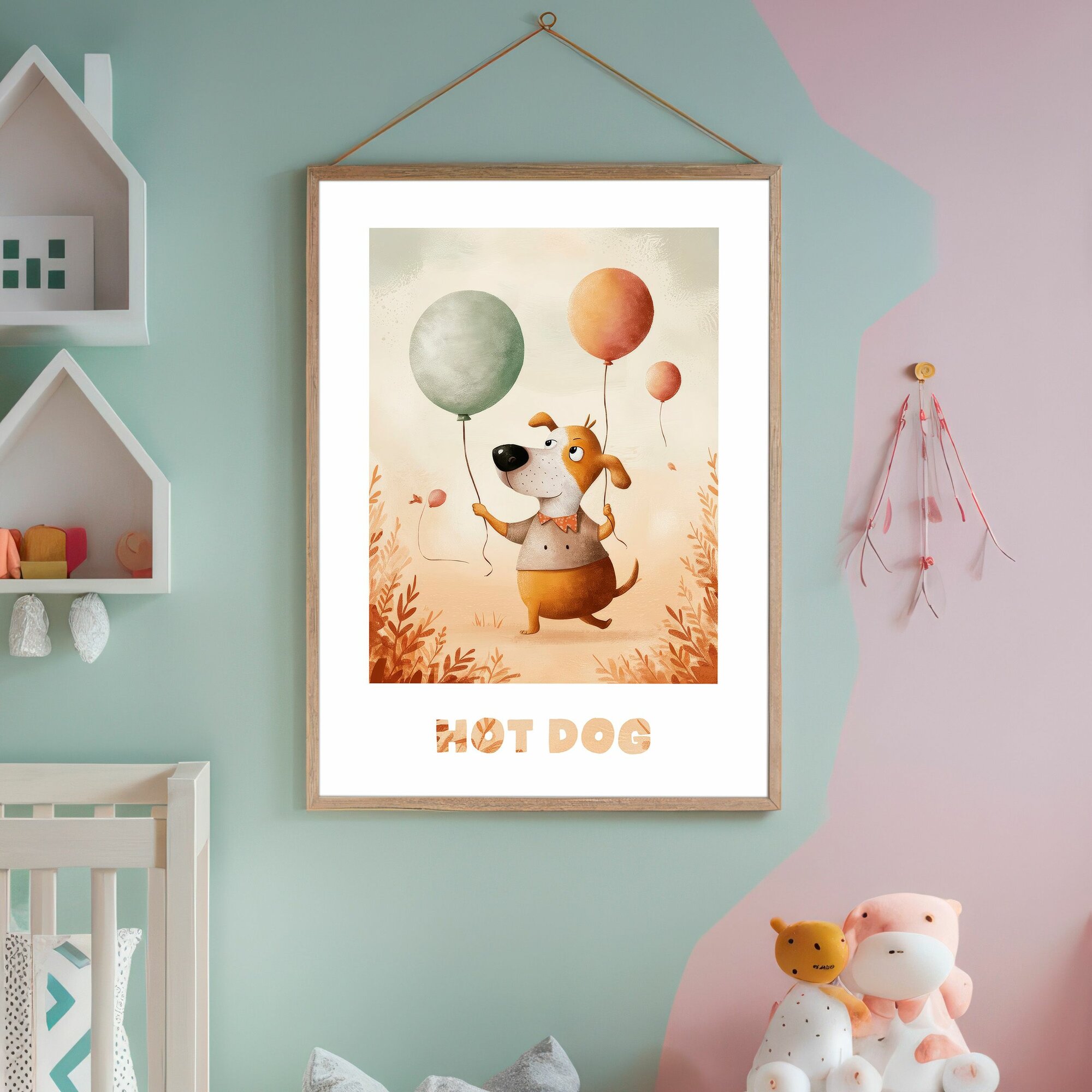 Постер для детской, для ребенка, в сканди стиле, Собака и воздушный шар - 30х40