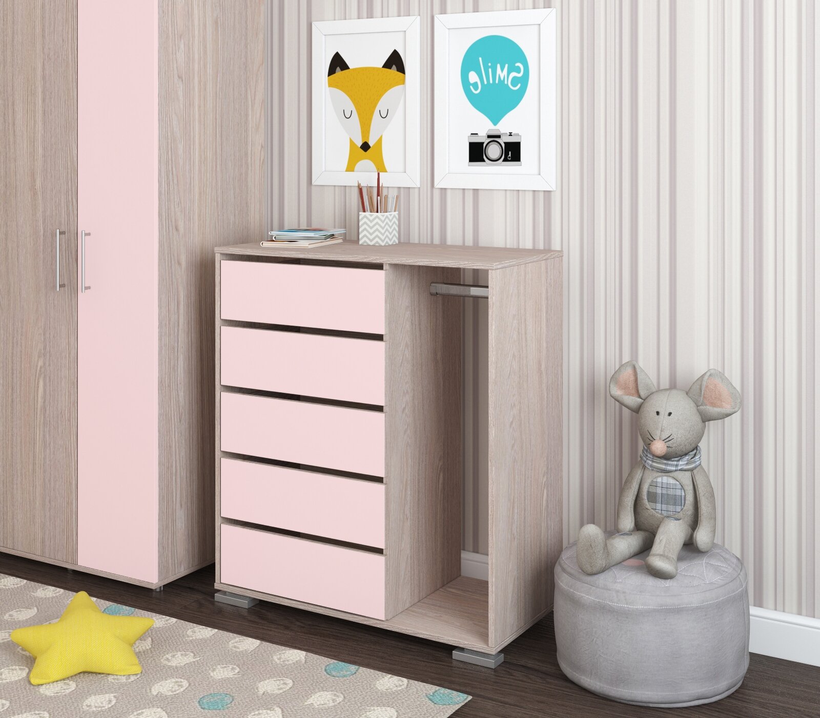 Шкаф, комод, шкаф-комод с ящиками, со штангой Есэндвич Лаворо, 90x43х102 см, левый (Анкор светлый/Розовый кварц)