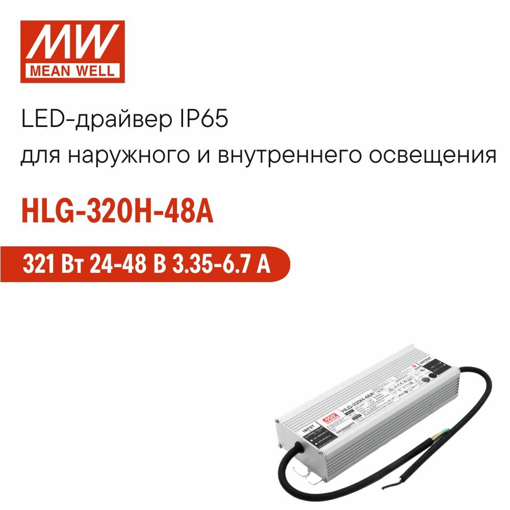 LED-драйвер MEAN WELL HLG-320H-48A 321 Вт, 48 В, 6,7 А стабилизация CV+CC, корпус IP65