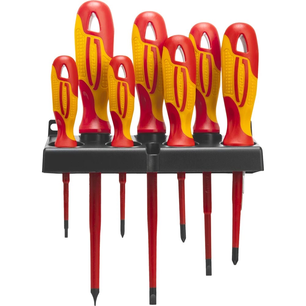 Набор диэлектрических отверток до 1000В, тестер, CrMo, двухкомпонентные рукоятки 8шт GROSS 12950