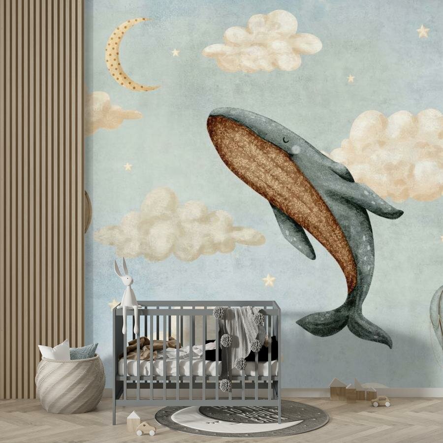 Фотообои Киты в облаках 12-1802-S-Флок 270 x 200 см (ВхШ) Бесшовные, флизелиновые, влагостойкие обои