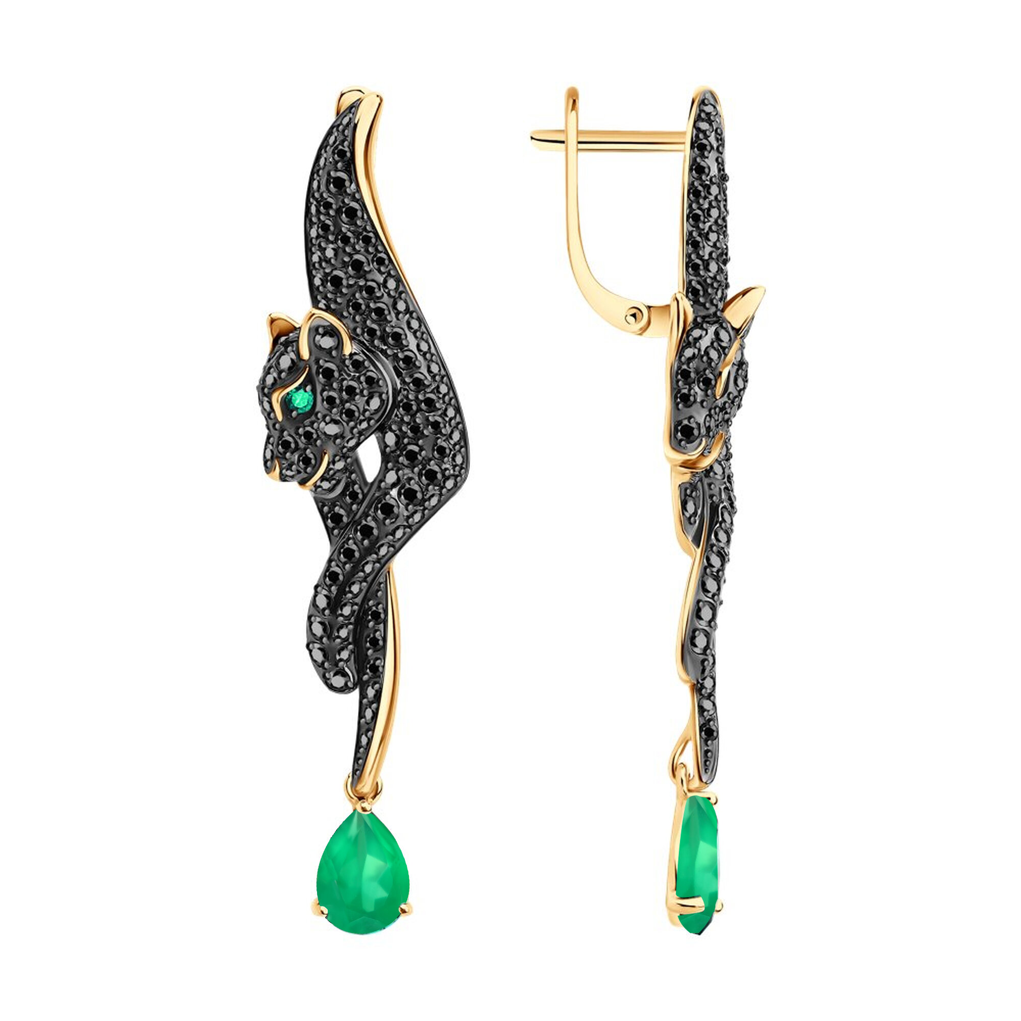 Серьги, красное золото, 585 проба, шпинель, изумруд