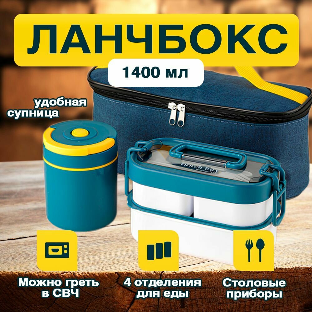 Ланч-бокс OPT, с термо сумкой, столовые приборы, полипропилен, темно-синий