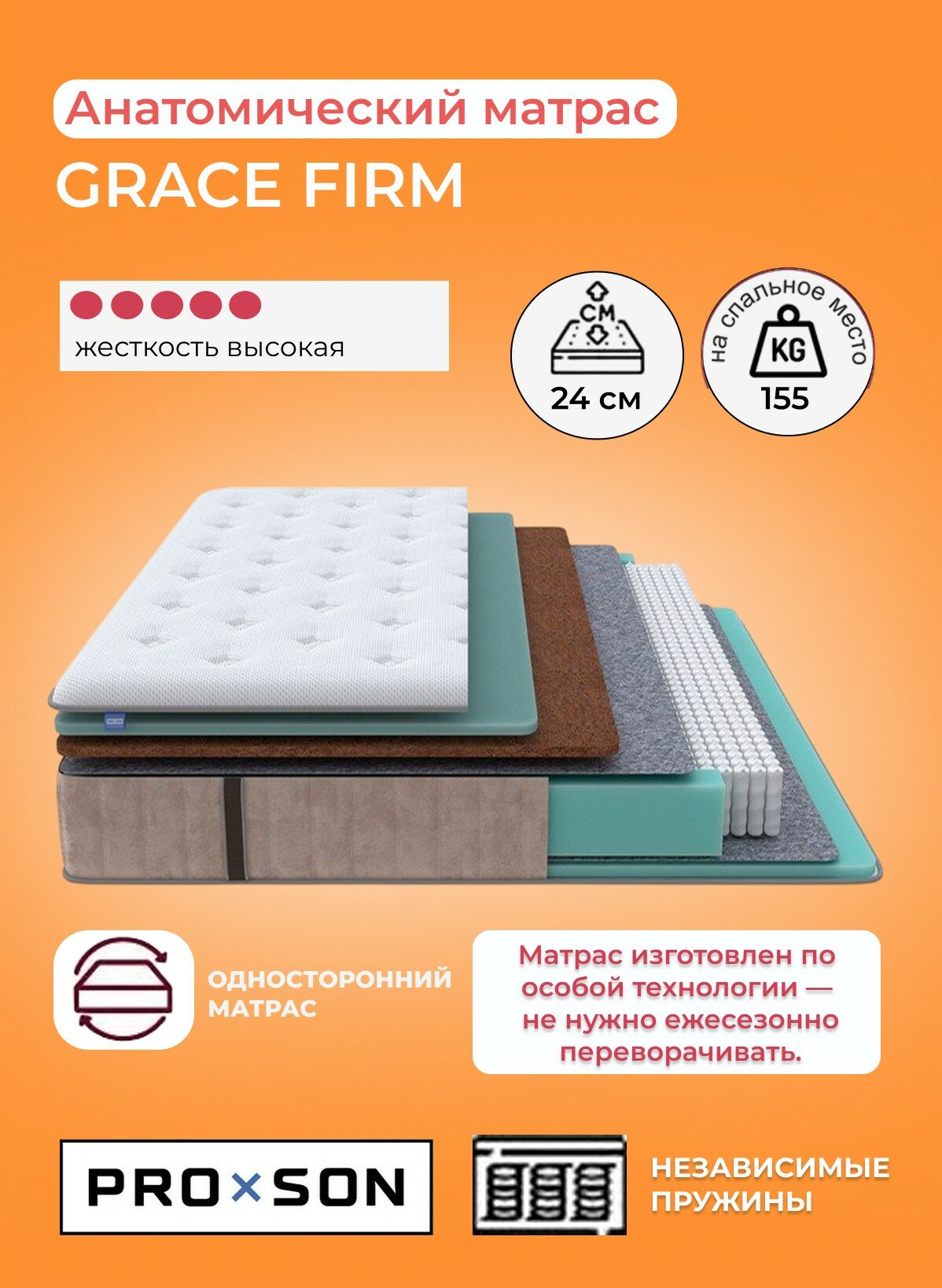 Матрас 160x200 Grace Firm, независимые пружины, жесткость высокая