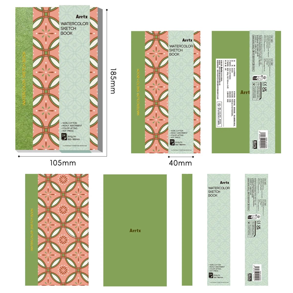 Arrtx акварельный sketchbook, 100% хлопок, 24 листа Розовый