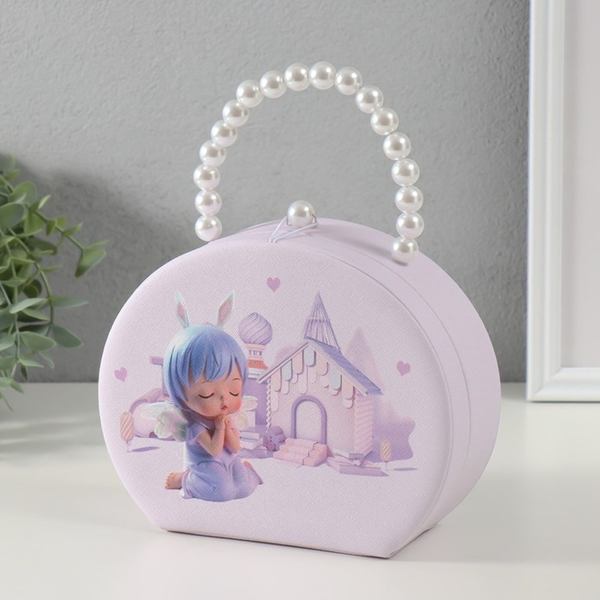 Шкатулка для украшений «Сумочка. Малышка-ангел у домика», искусственная кожа, сирень, 19×15.5×7.5 см