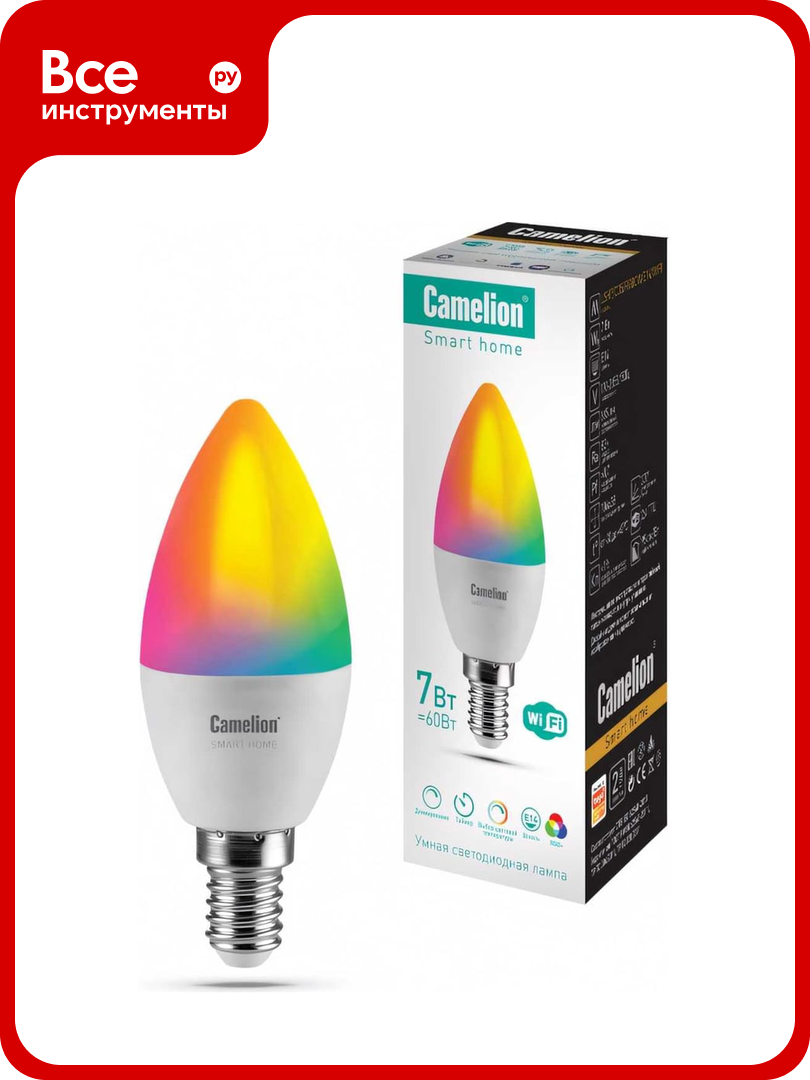 Светодиодная лампа Camelion Smart Home LSH7/C35/RGBСW/Е14/WIFI 7Вт Е14 RGB+DIM+CW 220В 14500, характеристики